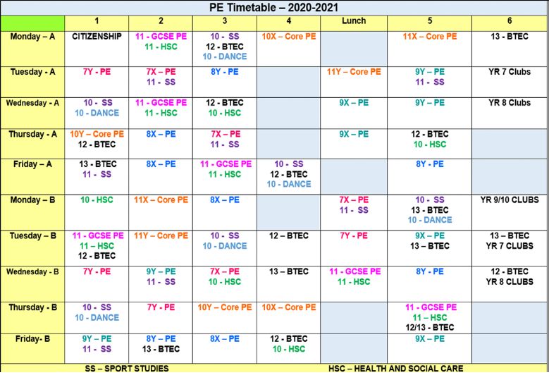 Uxbridge High School - PE Lesson Timetable
